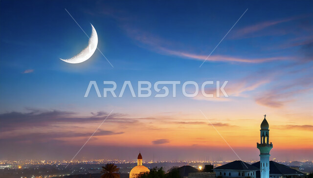 Crescent moon of the holy month of Ramadan, the sight of the crescent ...