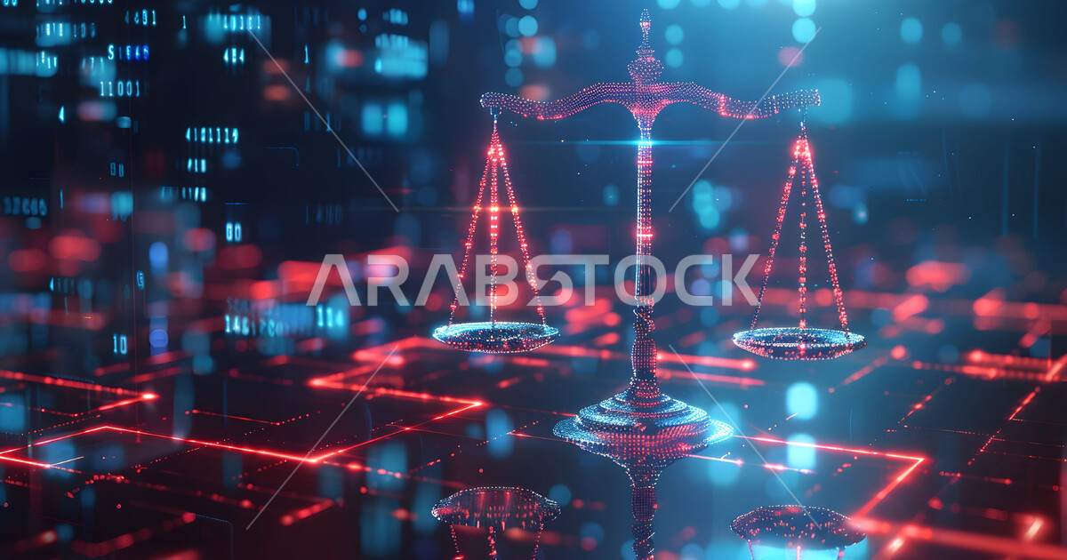 3D hologram of a scale with two pans and luminous lines, concept of justice and fair judgment ...