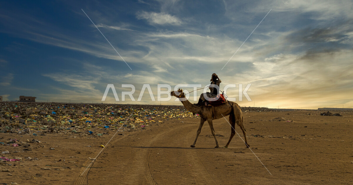Camel herding and livestock breeding, Saudi Arabian Gulf man riding a ...