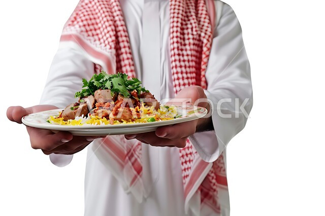 Traditional Arab food and dishes, a close-up portrait of the hands of a ...