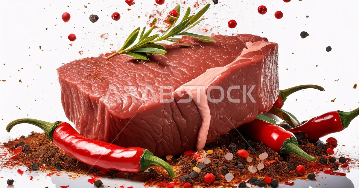 Piece of fresh raw beef with spices, herbs and chili pepper, marinated ...