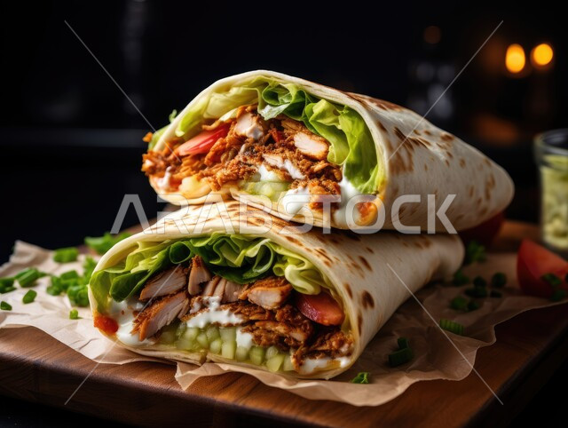 Eastern Arab food, a close-up of a chicken shawarma sandwich with fresh ...