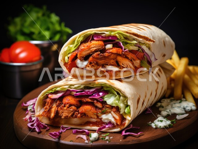 Eastern Arab food, a close-up of a chicken shawarma sandwich with fresh ...