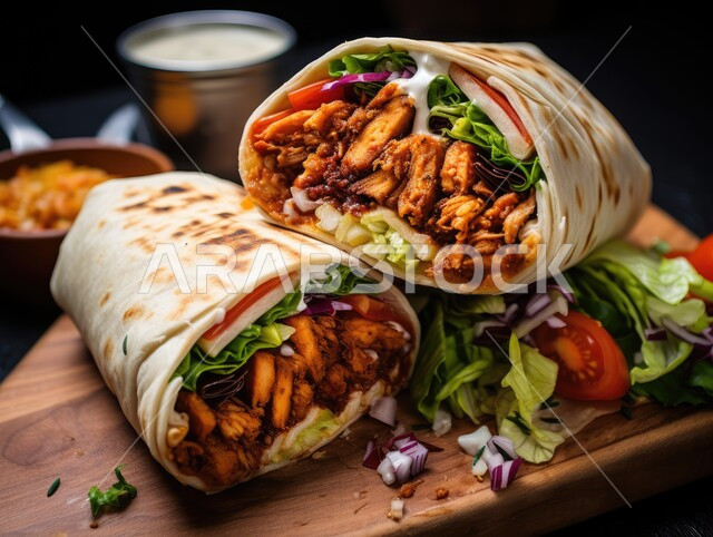 Eastern Arab food, a close-up of a chicken shawarma sandwich with fresh ...