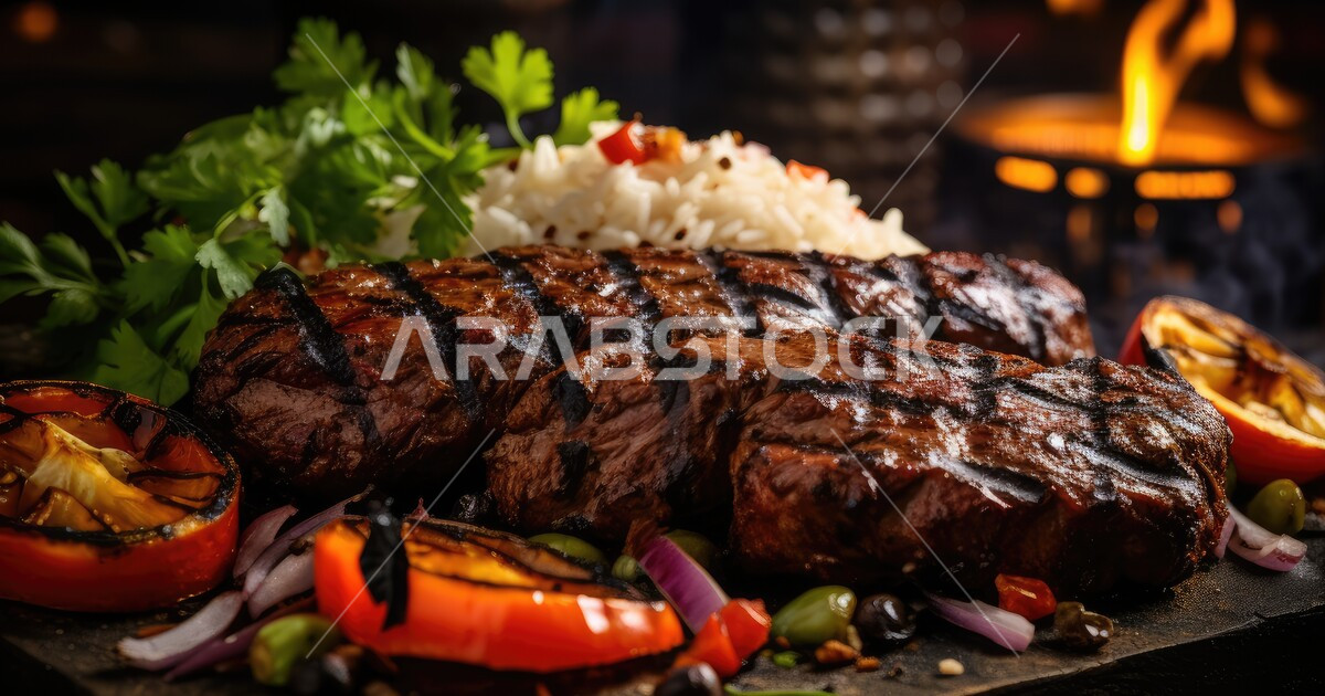 Eastern Arabic cuisine restaurants, a close-up of grilled meat pieces ...