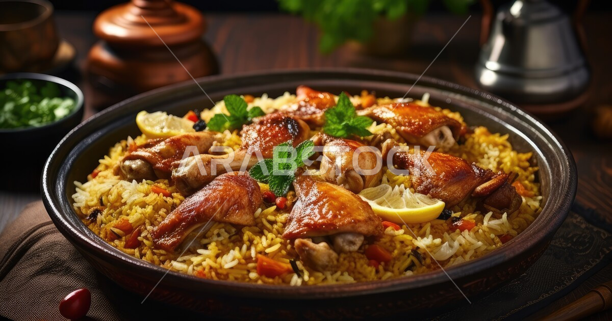Delicious food and dishes, a close-up photo of a plate of kabsa rice ...