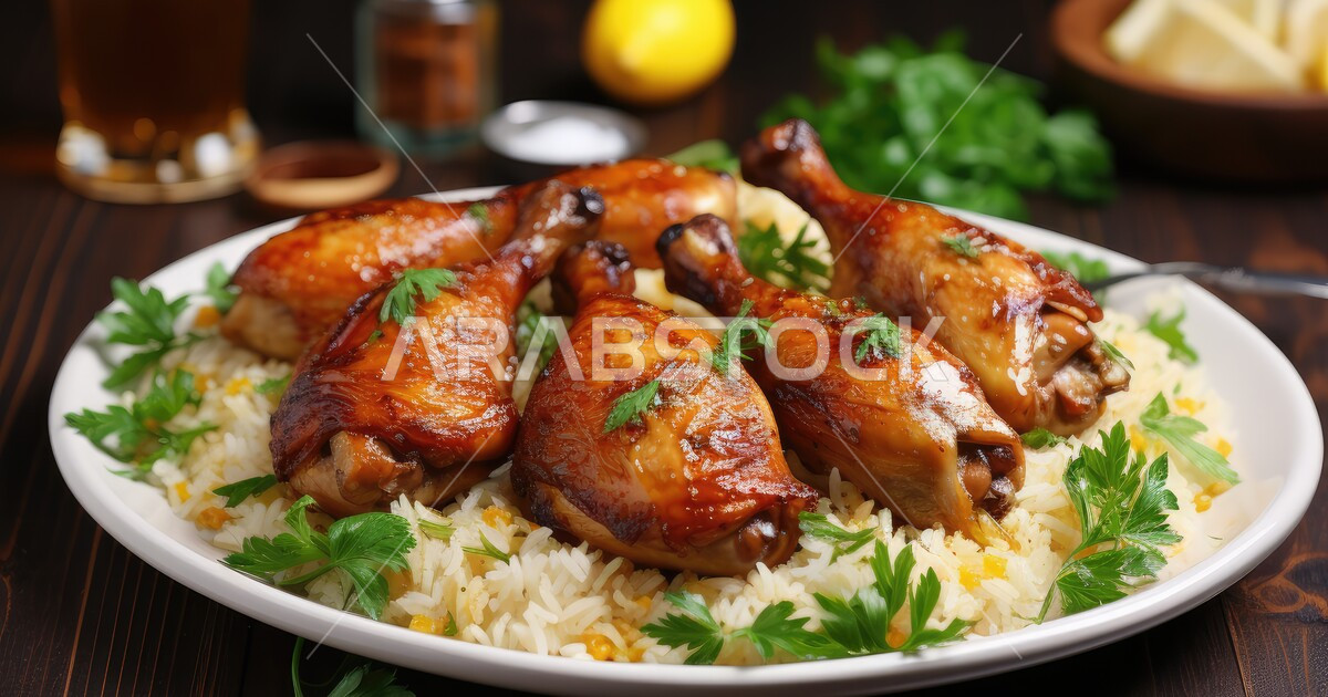 Delicious food and dishes, a close-up photo of a plate of kabsa rice ...