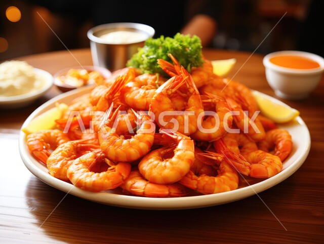 Fast food meals, a close-up photo of a plate of fresh shrimp with sauce ...
