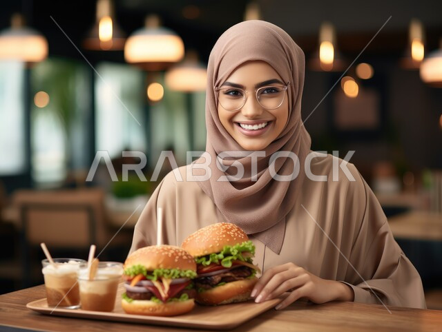 Food and fast food, a close-up photo of a veiled Saudi Gulf Arab young ...