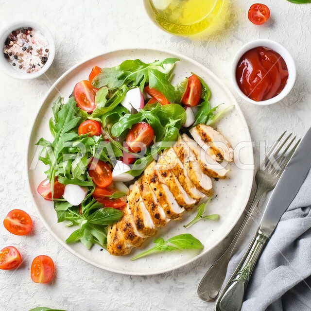 Healthy chicken meals, a picture from the top of a plate of fillet ...