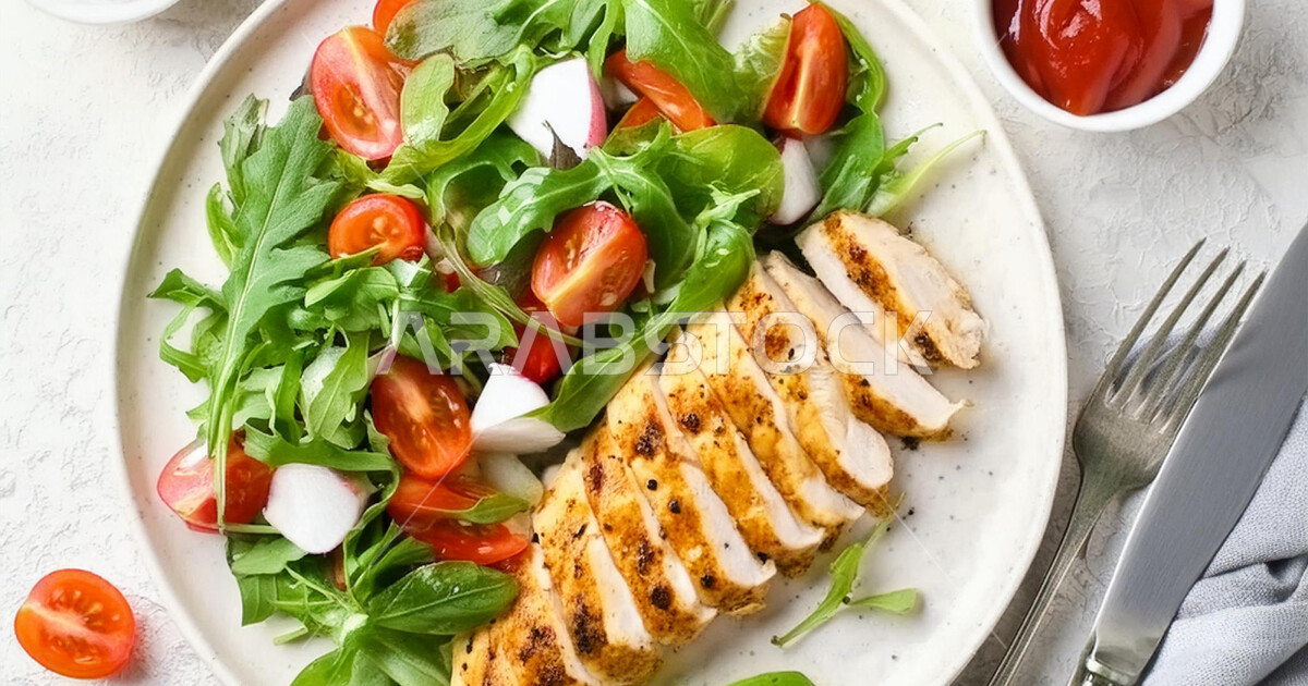 Healthy chicken meals, a picture from the top of a plate of fillet ...