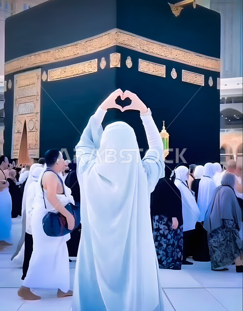 Back view of a woman raising her hand in a heart-shaped gesture, sacred ...
