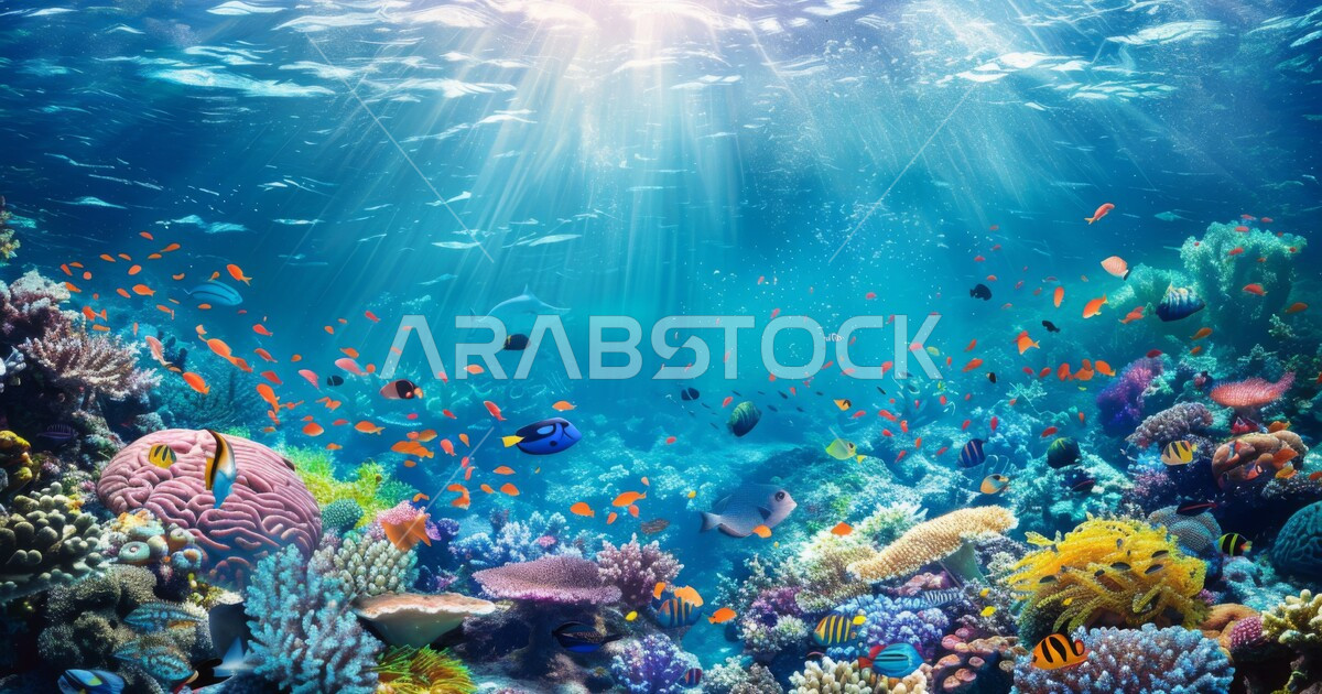 Colorful coral reefs in the depths of the seas and oceans, a marine ...