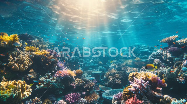 Colorful coral reefs in the depths of the seas and oceans, a marine ...