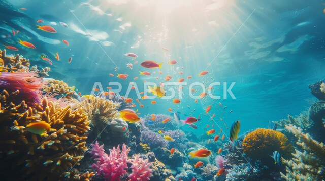 A group of small fish swimming in the water, colorful coral reefs in ...