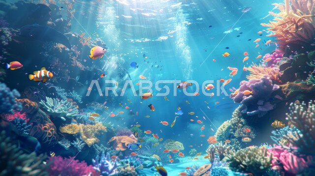 A group of small fish swimming in the water, colorful coral reefs in ...