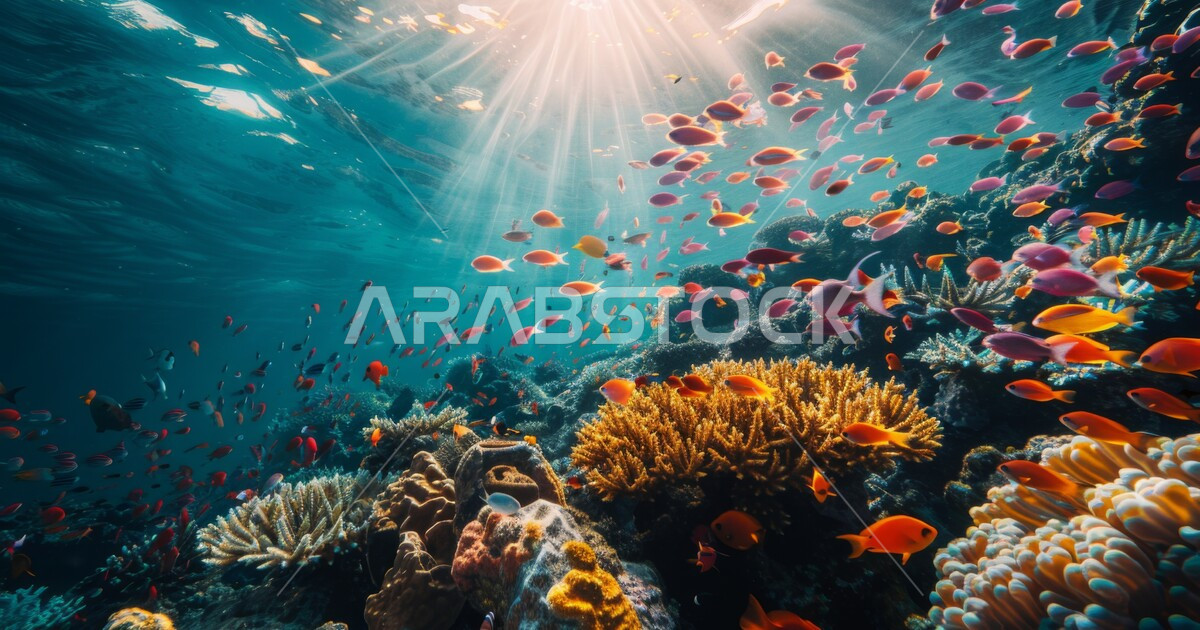Colorful coral reefs in the depths of the seas and oceans, a group of ...