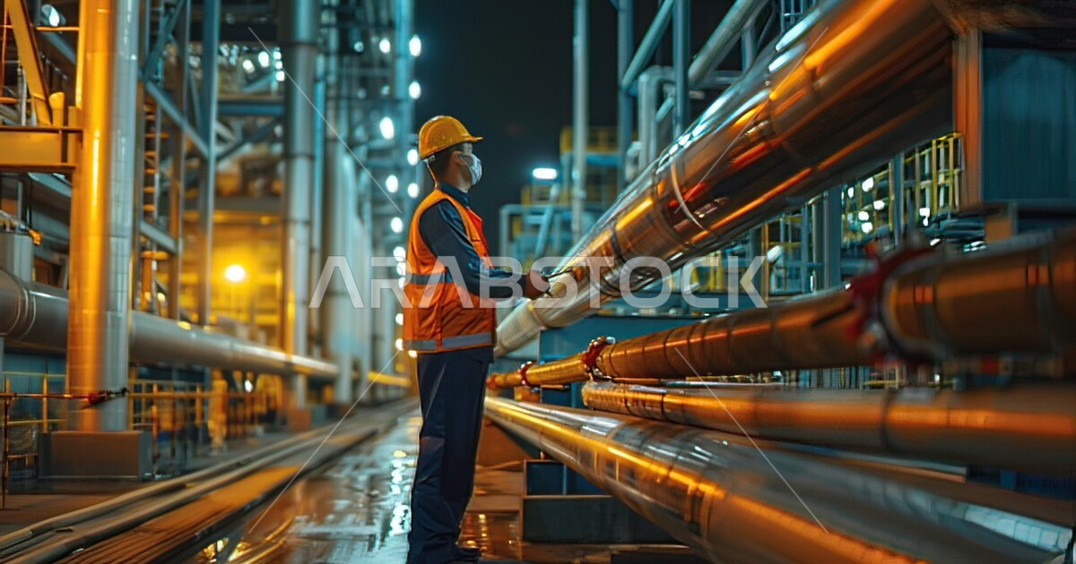 متابعة سير الاعمال في المصانع، صورة من الجانب لمهندس عربي خليجي سعودي ...