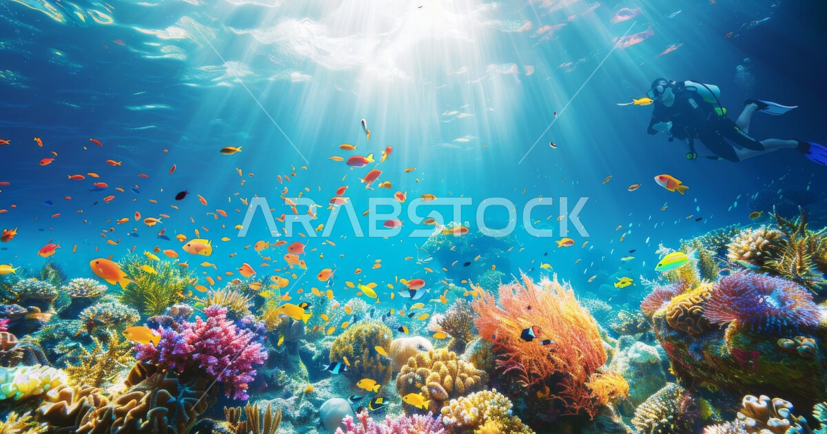 A group of small fish swimming in the waters of colorful coral reefs in ...