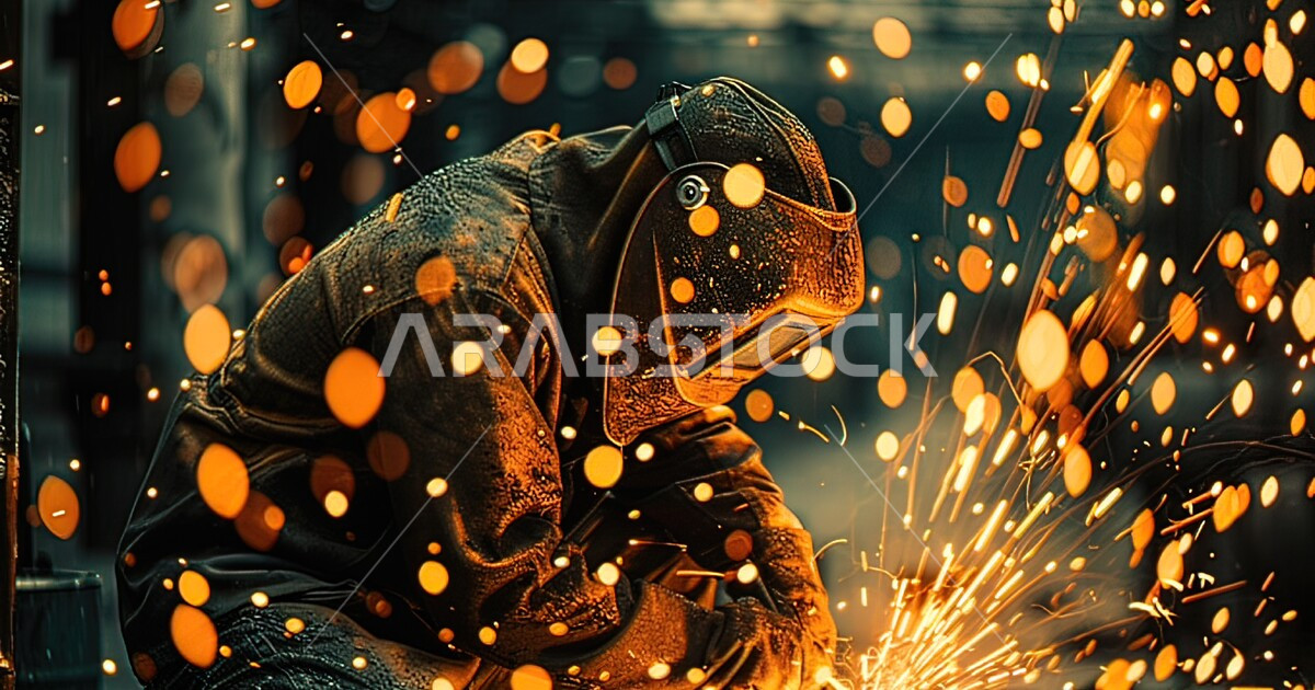 Wearing a spark protection mask, close-up side view of a Saudi Arabian ...