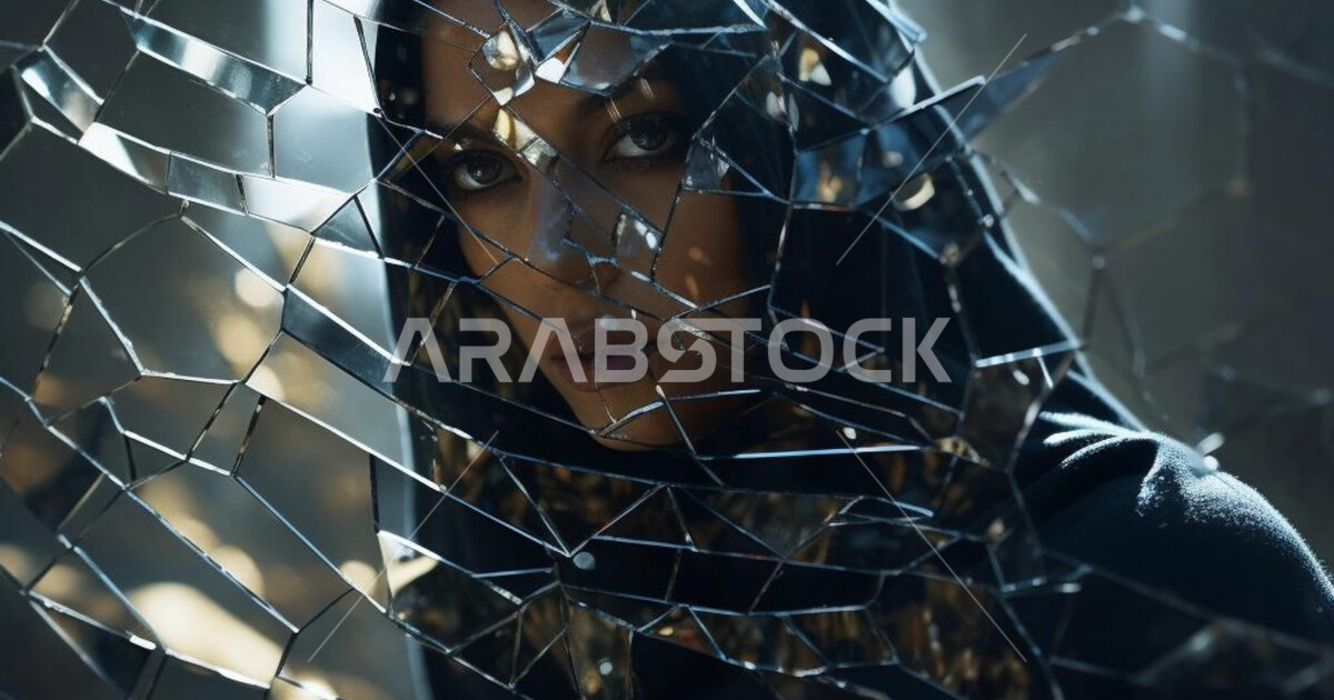 انعكاس صورة وجه امرأة عربية خليجية سعودية محجبة على مرآة مكسرة، تكسر ...