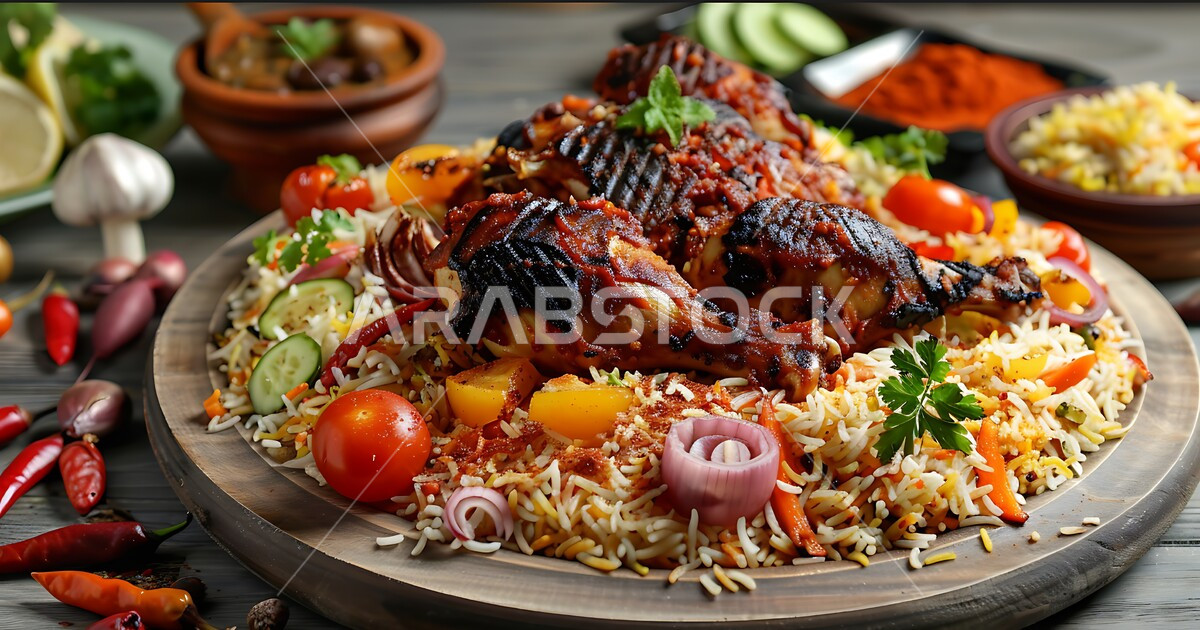 A plate of Kabsa rice, a plate of Mandi rice with grilled chicken and ...