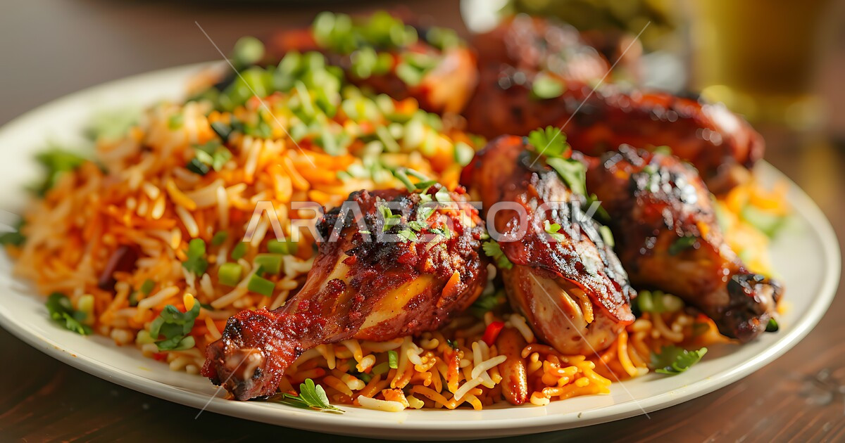 Traditional Saudi Arabian dishes and foods, a plate of Mandi rice with ...