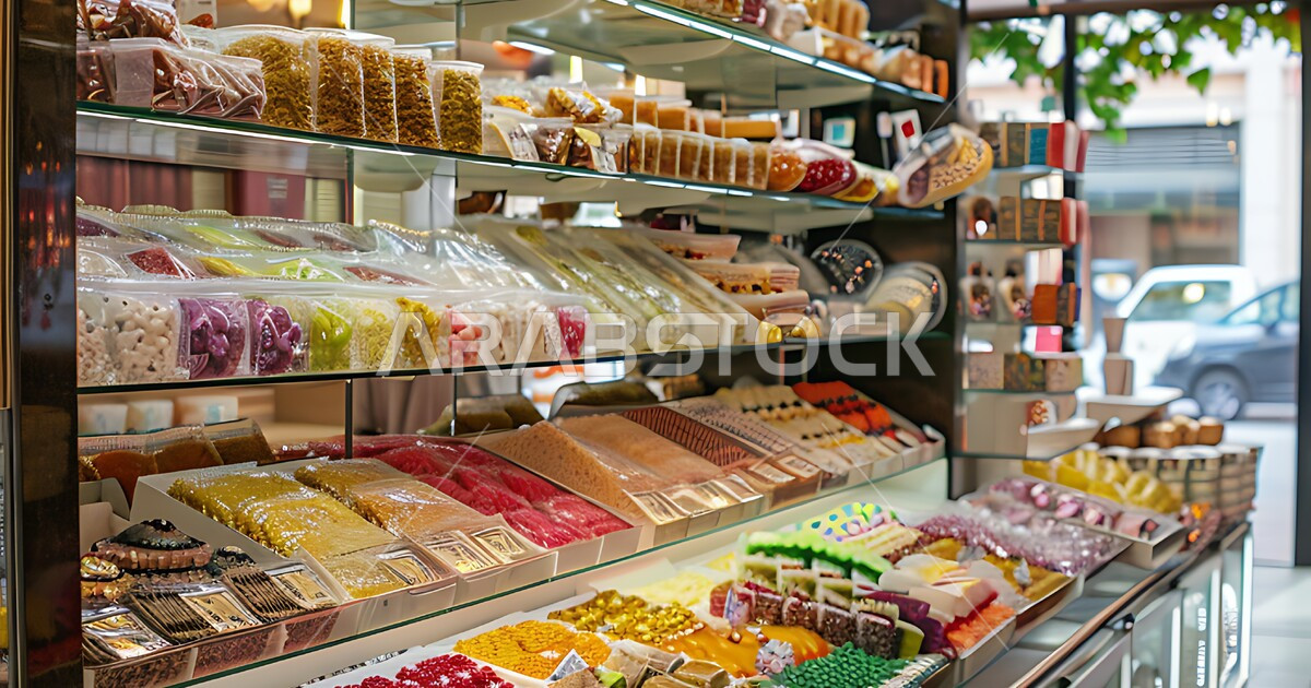 Delicious food recipes, traditional Arabic sweets in a store, the art ...