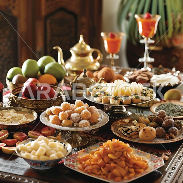 A prepared and decorated table filled with dishes of traditional ...