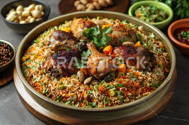 A plate of kabsa rice with vegetables and spices, traditional Arabic ...