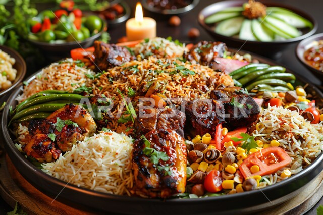 Traditional Arabic food and dishes, a plate of biryani rice cooked on ...