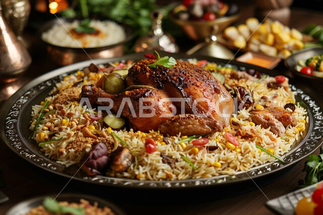 A plate of cooked biryani rice on the dinner table, delicious healthy ...