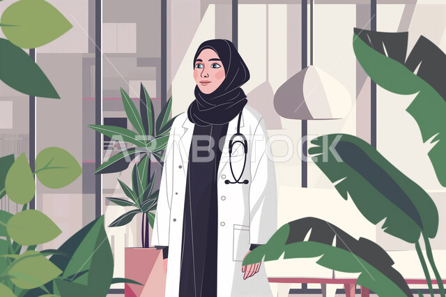 Illustration of a veiled Saudi Arabian Gulf female doctor wearing a ...