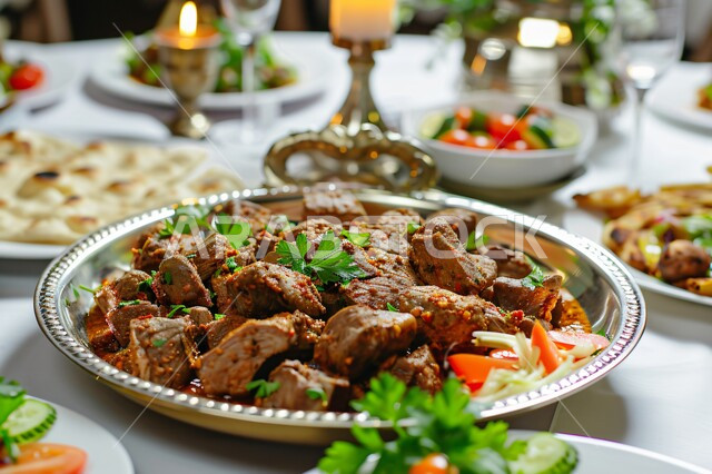 Delicious popular Arabic recipes, a close-up of a metal tray of meat ...