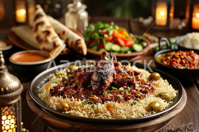 A plate of cooked biryani rice on the dinner table, delicious healthy ...