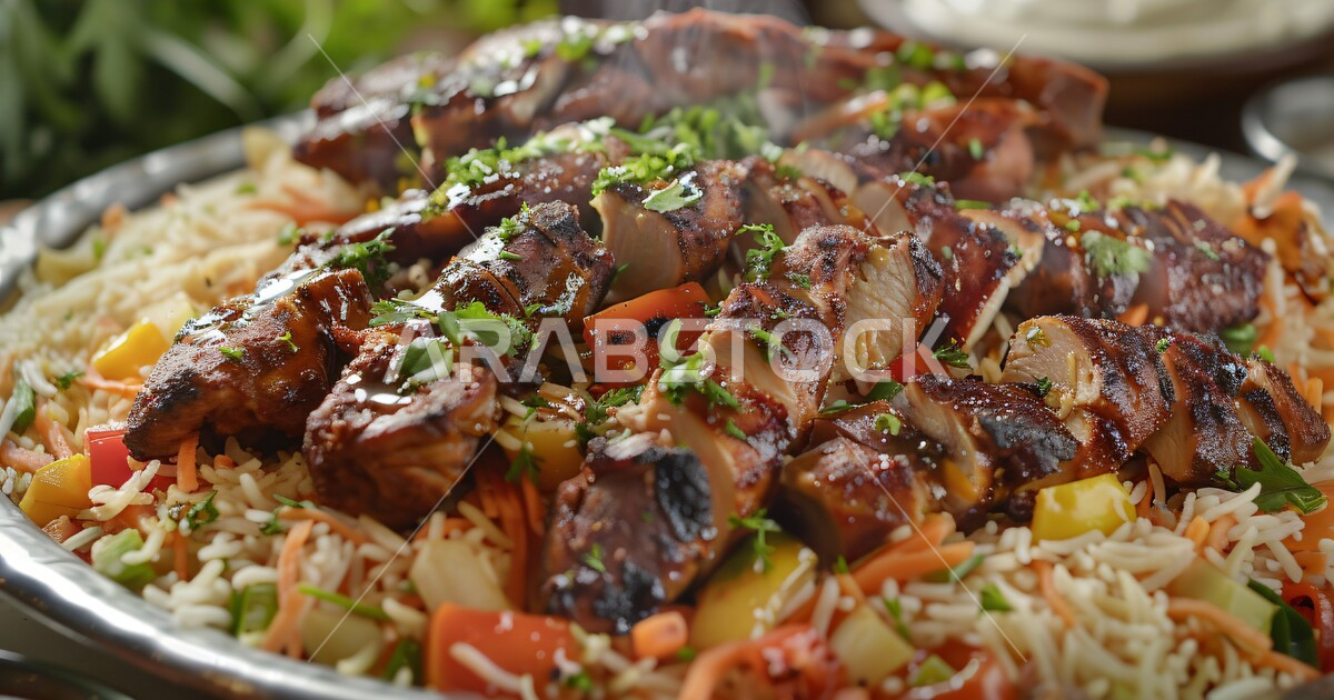 Traditional Arabic food and dishes, a plate of cooked biryani rice on ...