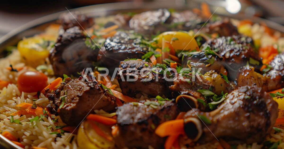 A plate of cooked biryani rice at the dinner table, a plate of kabsa ...