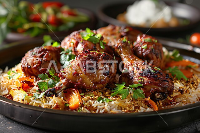A plate of cooked biryani rice at the dinner table, a plate of kabsa ...