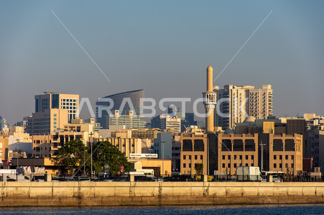 Towers and skyscrapers overlooking the Arabian Gulf coast, Bur Dubai ...