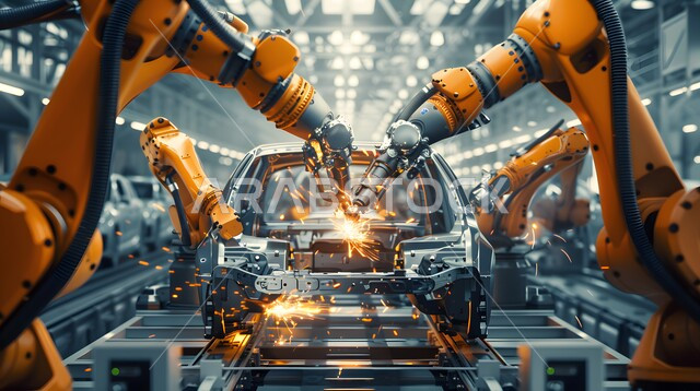Using advanced robots in the production and manufacturing of modern cars, relying on automation ...