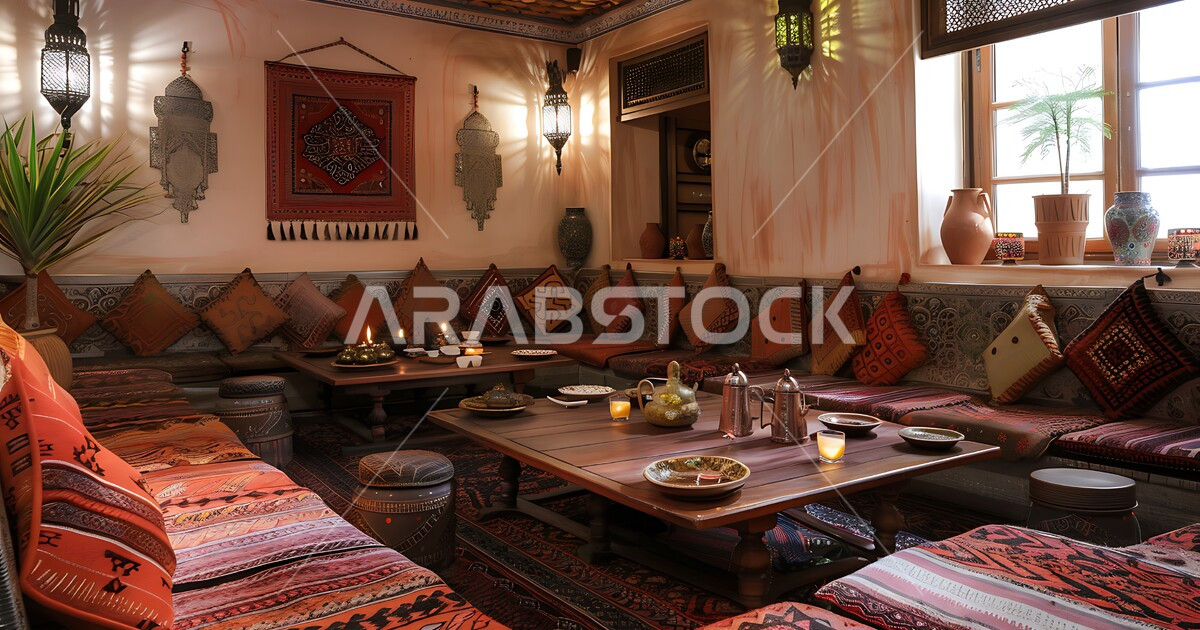 Traditional Arabic diwan with comfortable cushions and low tables ...