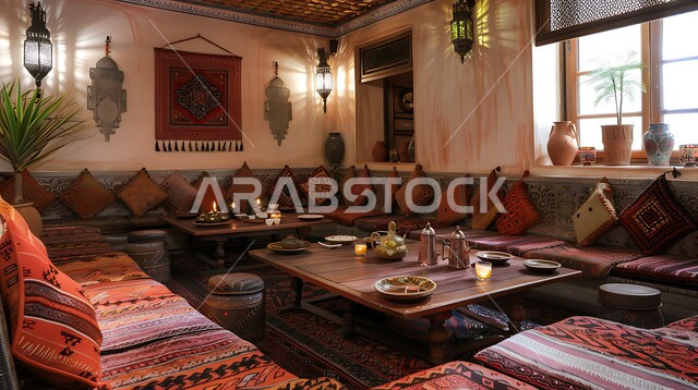 Traditional Arabic diwan with comfortable cushions and low tables ...
