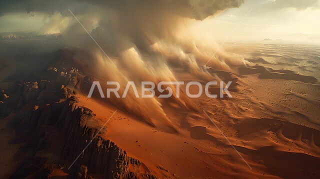 A storm of wind hitting the desert, a whirlwind of sand flying in the ...
