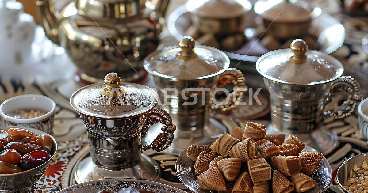 Arabic coffee with fresh dates and delicious sweets, hospitality and ...