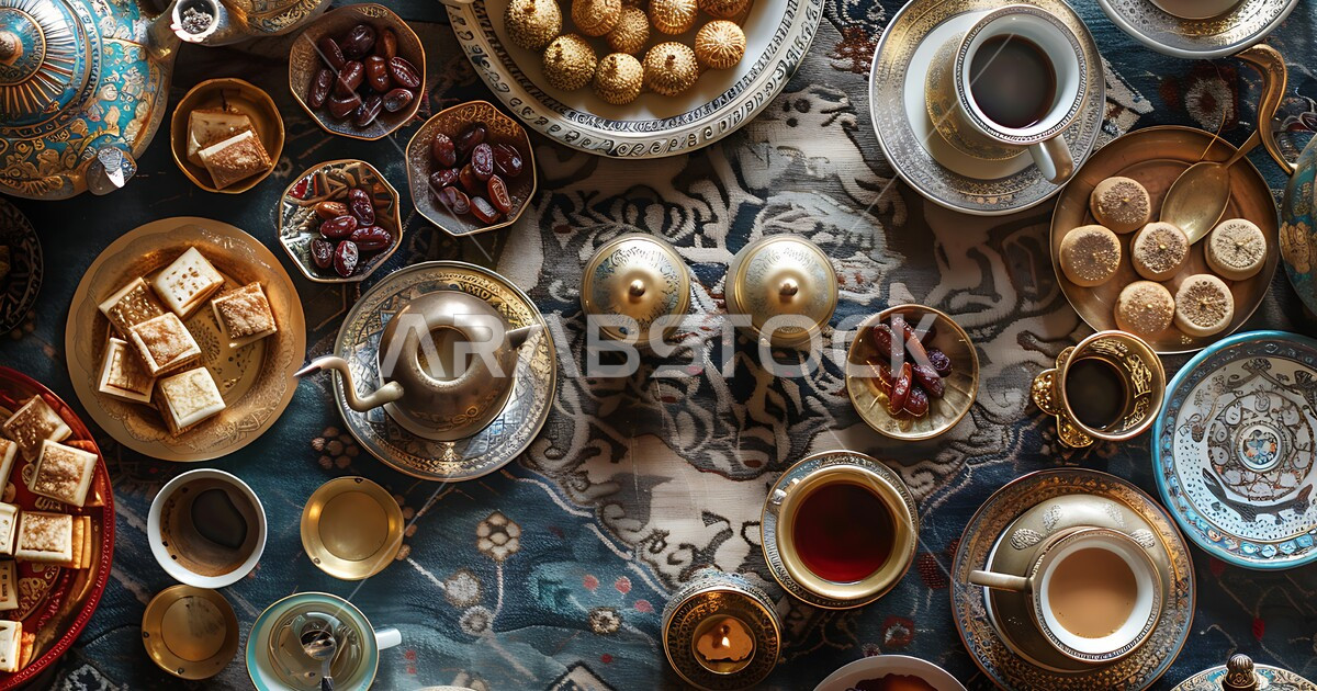 Enjoying hot drinks with Eid sweets, local national crops and products ...