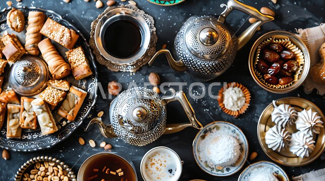 Arabic coffee with fresh dates and delicious sweets, the hospitality ...