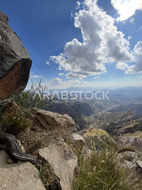 View of clouds in the sky of Al-Shafa village, terrain and mountain ...