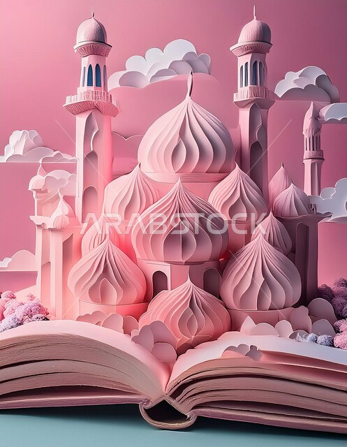 A 3D model of a mosque in pink, modern decorations in the modern style ...