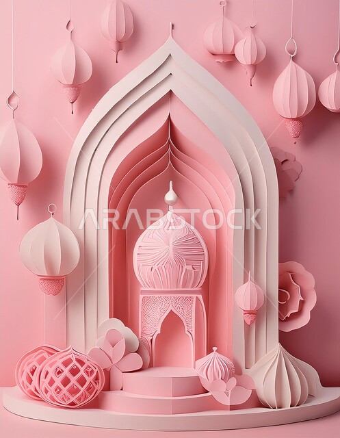 A 3D model of a mosque in pink, modern decorations in the modern style ...