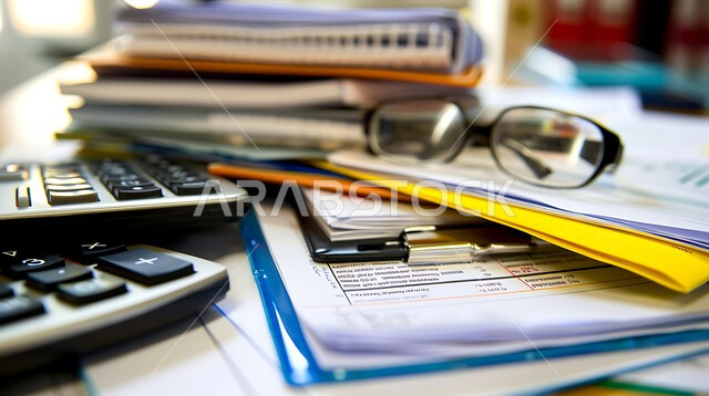 A group of paper documents placed on the office table, office work and ...